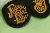 China Black Faux Leather Glasses Shape Embroidery Patch With Gold Metallic Threads for sale