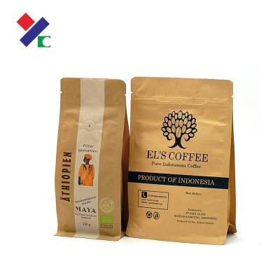 China Printed Flat Bottom Kraft Paper Bag 340g Half Gusset Zipper Valve For Coffee Bean for sale