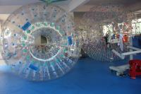 China Transparent Blue Handle PVC Inflatable Zorb Ball , 3m x 2m Dia Giant Hamster Ball for sale