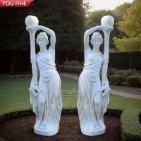 China Hand Carved Life Size White Garden Arts Floor Statue Girl Marble Sculptures Lamp for sale