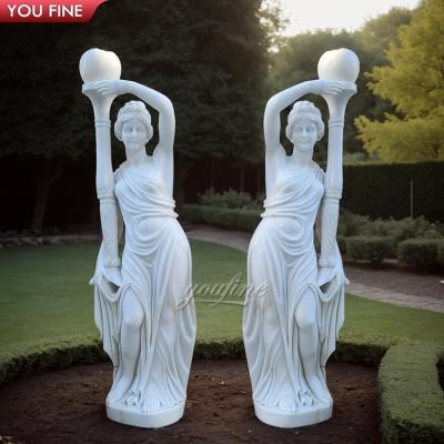 China Hand Carved Life Size White Garden Arts Floor Statue Girl Marble Sculptures Lamp for sale