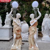 China Hand Carved Life Size White Garden Arts Floor Statue Girl Marble Sculptures Lamp for sale