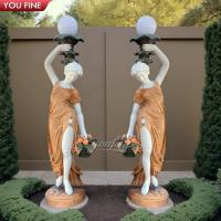 China Hand Carved Garden Marble Angel Lamp Statue Outdoor for sale
