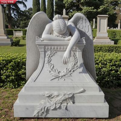 China Custom Modern Outdoor Hand Carved Natural Stone Marble Weeping Angel Garden Statue Angel of Grief for sale