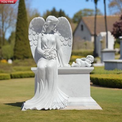 China Outdoor Natural White Sitting Angel Marble Statue Headstone for sale