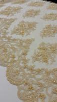 China French Stretch Beige Pearl Beaded Wedding Lace Fabric With Scalloped Edge for sale
