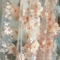 China Luxury Floral Beaded Bridal Lace Fabric Scalloped Edge Wedding Gown Lace Fabric for sale