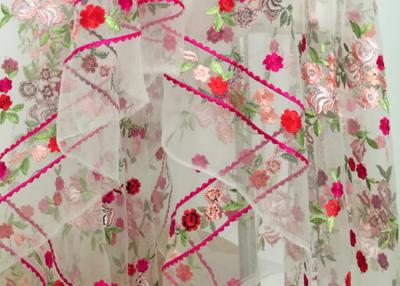 China Floral Heavy Embroidered Lace Fabric , Polyester Mesh Fabric With Multi Color Embroidery for sale