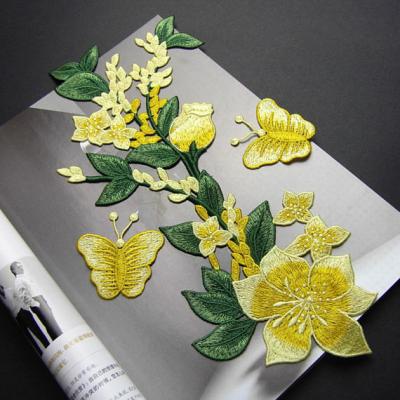 China Yellow Flower Sew On Embroidered Patches Lace Appliques For Clothing for sale