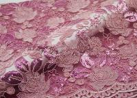 China Embroidery Corded Pink Sequin Lace Fabric With Scalloped Edging For Party Gown for sale