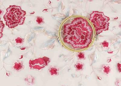 China Polyester Red Rose Chemical Embroidered Tulle Lace Fabric For Wedding Dress for sale