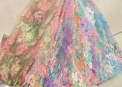 China 3D Beaded Lace Fabric , Scalloped Multi Color Floral Embroidered Fabric for sale