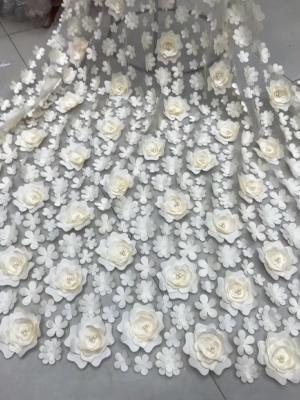 China 3D Embroidered Flower Beaded Wedding Gown Lace Fabric for sale