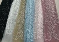 China Blue Shiny Embroidered Leaf Lace Fabric With Beads And Sequins 120CM Width for sale