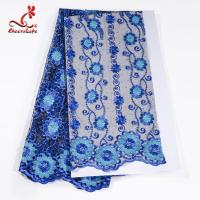 China African Cord Blue Embroidered Floral Lace Fabric 127 CM Polyester for sale