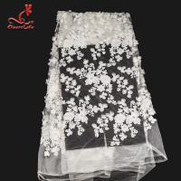 China White 3d Embroidered Lace Fabric For Wedding Dress With Elastic Nylon Net for sale