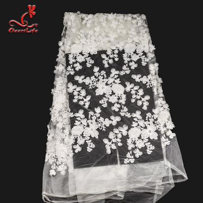 China White 3d Embroidered Lace Fabric For Wedding Dress With Elastic Nylon Net for sale
