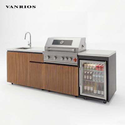 China Aluminum Complete Outdoor Kitchen Island CE Certified Hand Brushed Wood Grain Cabinets for sale