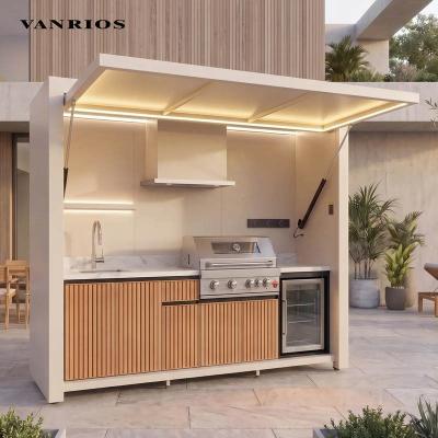 China Minimalist Waterproof Aluminum Outdoor BBQ Pod With Wood Grain Finish Solid Perimeter Panel for sale