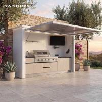 China UV Resistant Aluminum Outdoor Kitchen Pod Refrigerator Bay Electric Hydraulic Door BBQ Cooking Station for sale