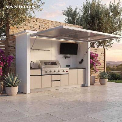 China UV Resistant Aluminum Outdoor Kitchen Pod Refrigerator Bay Electric Hydraulic Door BBQ Cooking Station for sale