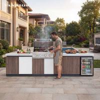 China Commercial Grade Modular Outdoor Kitchen Sets Weatherproof Wood Grain Aluminum BBQ Cabinet Station for sale