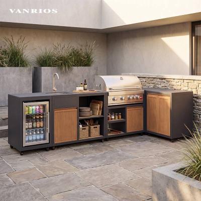 China L-Shaped Powder Coated Aluminum Outdoor Kitchen Set Wood Grain Finish for sale