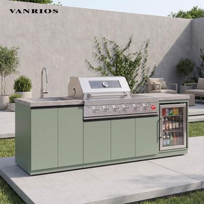China Green Finish Prefab Outdoor Kitchen Island With Grill Sink & Refrigerator for sale