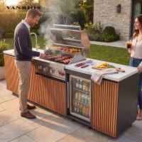 China Modern Aluminum Outdoor Kitchen Island with Built-In Gas Grill, Sink, Beverage Cooler and Slatted Cabinet Storage for Patio Entertaining for sale