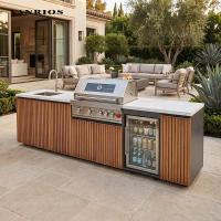 China Modern Aluminum Outdoor Kitchen Island with Built-In Gas Grill, Sink, Beverage Cooler and Slatted Cabinet Storage for Patio Entertaining for sale