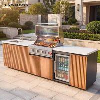 China Modern Aluminum Outdoor Kitchen Island with Built-In Gas Grill, Sink, Beverage Cooler and Slatted Cabinet Storage for Patio Entertaining for sale