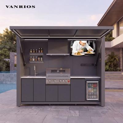China Outdoor BBQ Pod Featuring 40 Inch TV & Double Door Refrigerator W2800 Aluminum Kitchen Station for sale