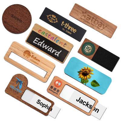 China Custom Printed Wooden Name Badge Eco Friendly Personalized Engraved Name Tag 2mm Thickness Magnetic Pin for sale