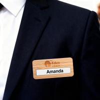 China Custom Printed Wooden Name Badge Eco Friendly Personalized Engraved Name Tag 2mm Thickness Magnetic Pin for sale