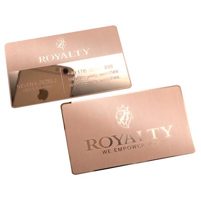 China Custom Rose Gold Metal Business Cards 85x54mm Embossed Logo Reversed Etched Stainless Steel OEM for sale