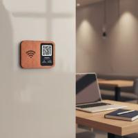 China Custom Engraved Wooden NFC WiFi Tag 110x150mm Reusable Tap to Connect QR Code for Hotel Hospitality for sale