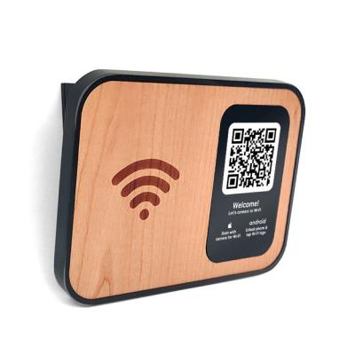 China Custom Engraved Wooden NFC WiFi Tag 110x150mm Reusable Tap to Connect QR Code for Hotel Hospitality for sale
