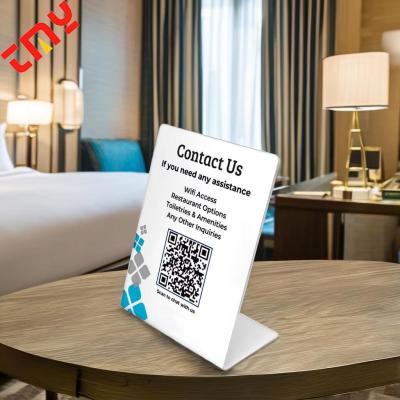 China Custom White PVC Plastic L Shape Sign Stands 105x72mm Logo Printed Hotel Table QR Code Display for sale