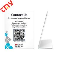China Custom White PVC Plastic L Shape Sign Stands 105x72mm Logo Printed Hotel Table QR Code Display for sale