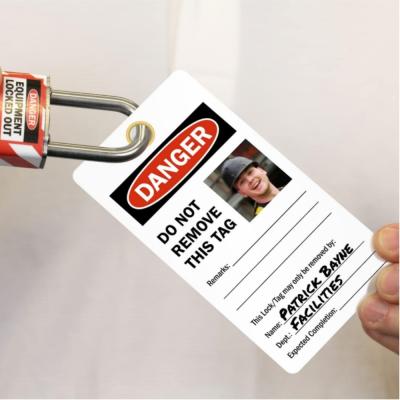 China Custom Do Not Operate Lockout Tag Vinyl Plastic Self-Laminating 2-Sided Danger Safety Tags with Photo and Grommet Eyelet for sale