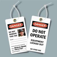 China Custom Do Not Operate Lockout Tag Vinyl Plastic Self-Laminating 2-Sided Danger Safety Tags with Photo and Grommet Eyelet for sale