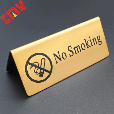 China Custom Stainless Steel No Smoking Sign Silkscreen Printing Waterproof Indoor Outdoor Brushed Gold Silver 120x70mm for sale