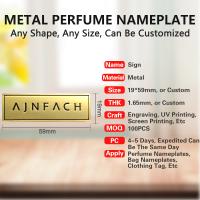 China Custom Aluminum Labels 3D Embossed Gold Finish Self Adhesive Metal Sticker 59x15mm for Perfume Bottles for sale