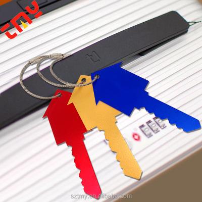 China Custom Aluminum Luggage Tags Durable Key Shape Blank Metal Suitcase Tags Bulk Order Personalized for sale
