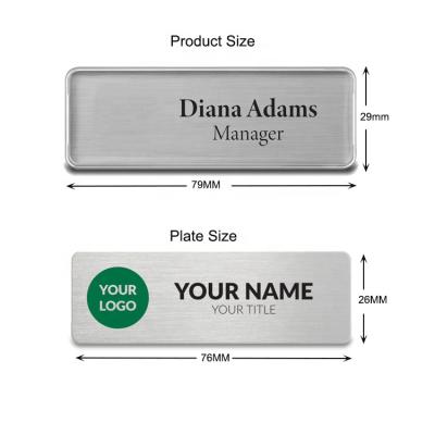 China Custom Brushed Stainless Steel Magnetic Name Badge 75x20mm with Acrylic Cover Reusable ID Tag for sale
