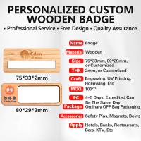 China Custom Eco-Friendly Wooden Name Badges 75x35mm with Pin or Magnetic Back Personalized Engraved Logo for sale