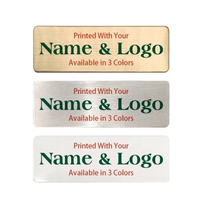 China Full Color Laser Engraved Custom Aluminum Name Badges 79x29mm Magnetic Backing for sale