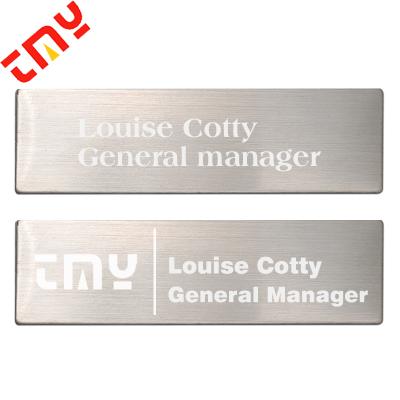 China Custom Metal ID Name Tag Badge 70x20mm Laser Engraved with Magnetic Holder for sale