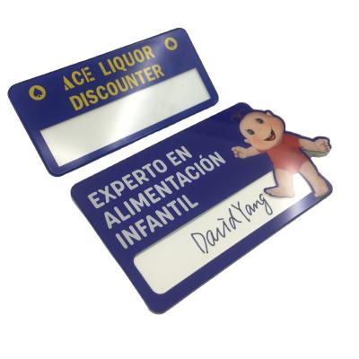 China Custom Printed PVC Acrylic Reusable Name Badges 80x30mm with Pin and Magnetic Back for sale