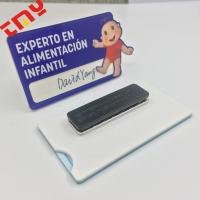 China Custom Printed PVC Acrylic Reusable Name Badges 80x30mm with Pin and Magnetic Back for sale